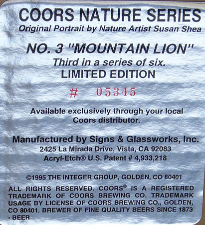Coors Mountain Lion Wildlife Mirror Reflective Glass Plaque